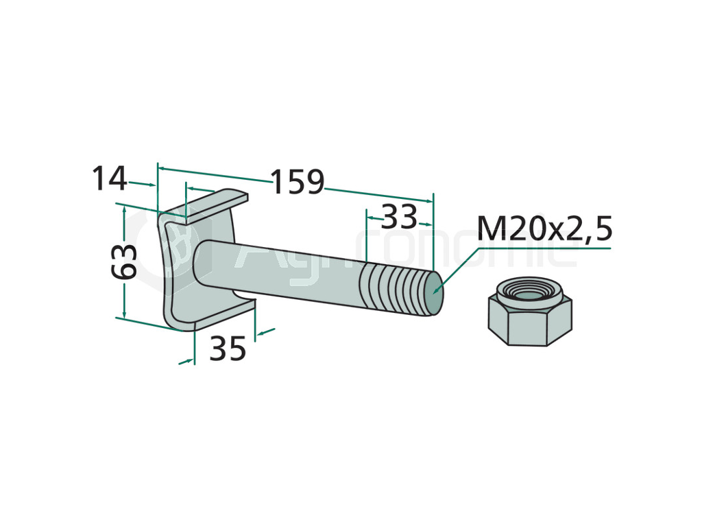Boulon M20 x 2,5 x 159 mm pour broyeur WILLIBALD adaptable